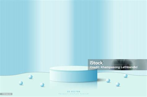 파란색 3d 실린더 연단 받침대는 물결 모양의 벽 배경과 구체 공으로 사실적입니다 쇼케이스를 위한 무대 3d 벡터 기하학적 플랫폼 3d 제품 디스플레이 프리젠 테이션 모형을