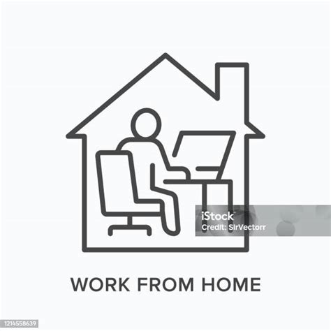 홈 라인 아이콘에서 컴퓨터에서 작업하는 남자 프리랜서 작업 온라인 교육 벡터 일러스트레이션 집 사무실 선형 기호에서 노트북 앞에 앉아있는 사람 아이콘에 대한 스톡 벡터 아트