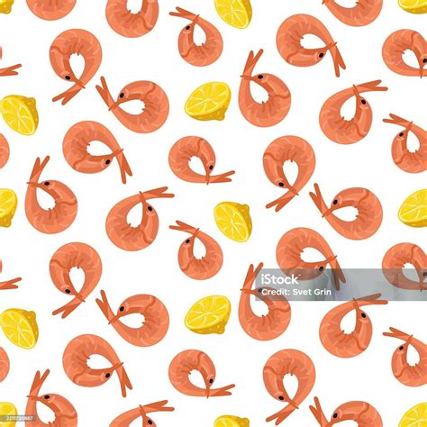 레몬을 곁들인 신선한 분홍색 삶은 새우의 패턴 모두 흰색 해산물 레스토랑의 메뉴를 장식하는 데 적합합니다 완성 된 바베큐 제품과