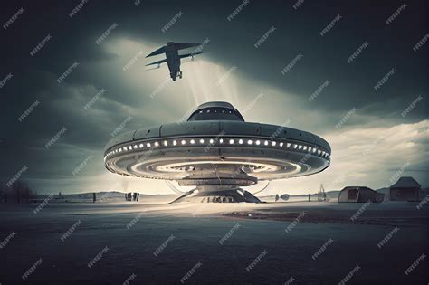 Premium Ai Image Ufo Hovering Over Landing Strip Of Secret Cosmodrome Created With Generative Ai