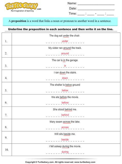 Subject Verb Prepositional Phrase Identification Worksheet 1