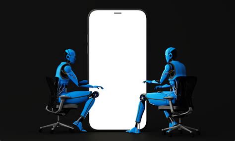 로봇 휴머노이드는 Ai 사고 두뇌 인공 지능 및 기계 학습 프로세스를 사용하면서 미래 사무실에서 컴퓨터 또는 태블릿을 사용합니다