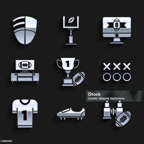 세트 수상 컵과 미식 축구 공 스파이크가 달린 축구 또는 신발 쌍안경 미국 계획 전략 개념 저지 Tv 프로그램 스탠드 및 축구