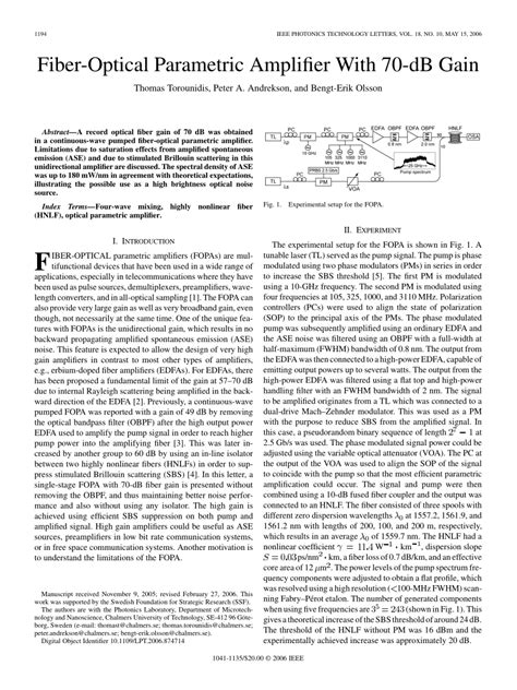 Pdf Fiber Optical Parametric Amplifier With 70db Gain