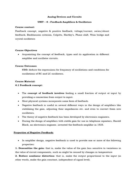 Adc Unit 4 Lm Feedback Amp Oscillators Pdf Electronic Oscillator Amplifier