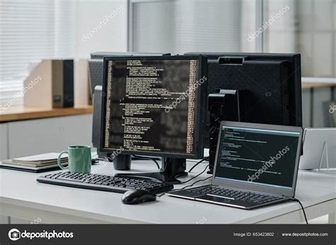 Workplace Developer Computer Laptop Codes Screens Modern Office — Stock