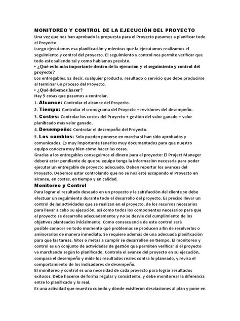 Monitoreo Y Control De La Ejecución Del Proyecto Pdf Calidad