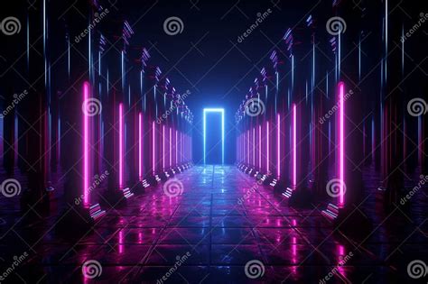 Glowing Columns 3d Backdrop And A Neon Framed Canvas Unite For Captivating Aesthetics Stock