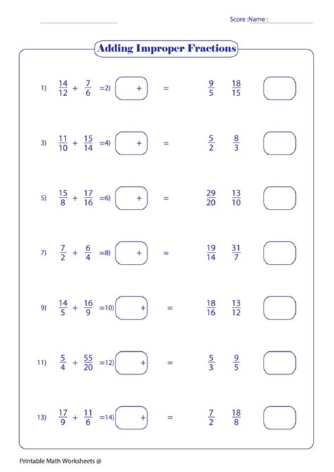 Adding Improper Fractions Printable Pdf Download