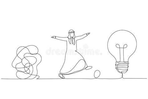 Drawing Of Smart Arab Businessman Walking Away From Mess Chaos Line To Simple Lightbulb Idea
