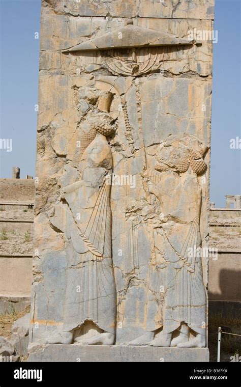 Stone Carved Relief Of The Emperor At The Ruins Of Persepolis In Iran