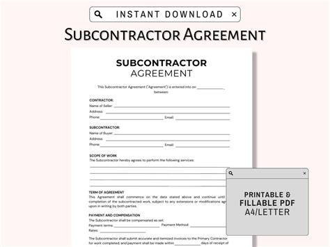 Fillable Subcontractor Agreement Editable Subcontractor Contract Form