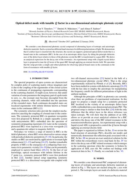 Pdf Optical Defect Mode With Tunable Q Factor In A One Dimensional