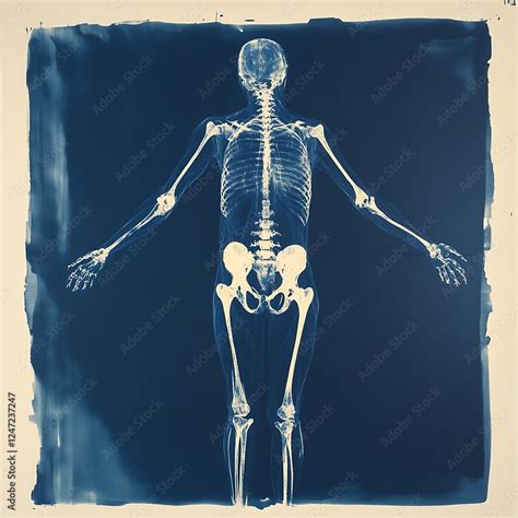 Anatomical Skeletal X Ray Structure Display Of Human Body In Dark Blue