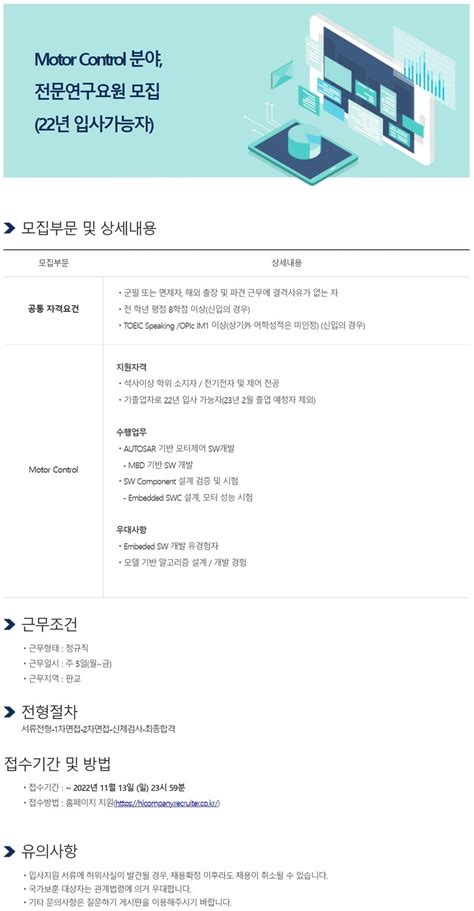 Hl만도 채용공고 Motor Control 분야 전문연구요원 모집 22년 입사가능자 2022년 채용