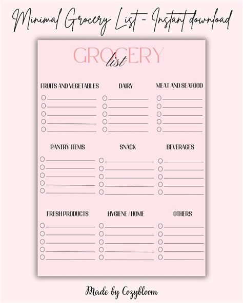 Grocery List Printable Minimalist Shopping List Pdf Grocery Checklist Etsy