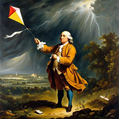 Benjamin Franklin Flying A Kite In A Thunderstorm Ai Generated