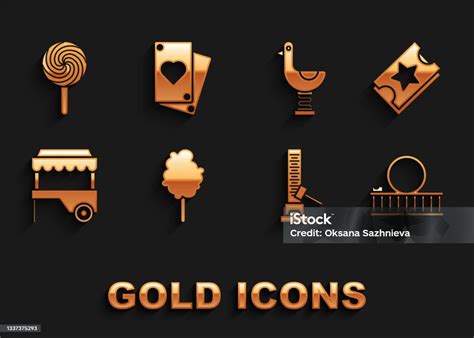 세트 면 사탕 티켓 롤러 코스터 큰 망치와 높은 스트라이커 매력 패스트 스트리트 푸드 카트 차양 승마 아이 오리 롤리팝과 카드 아이콘을 재생 벡터 0명에 대한 스톡 벡터