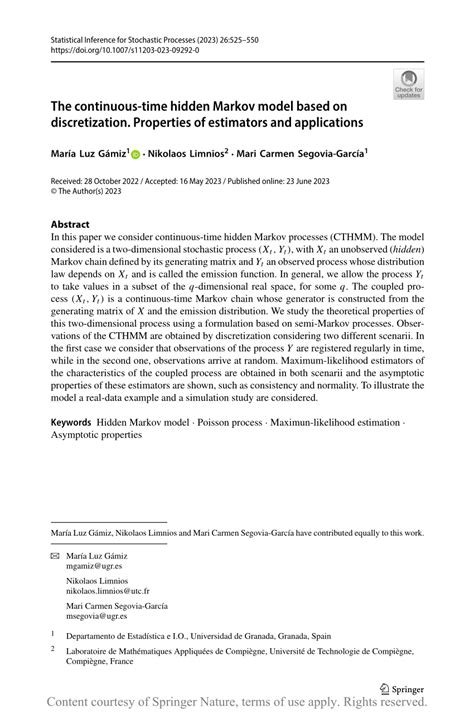 Pdf The Continuous Time Hidden Markov Model Based On Discretization Properties Of Estimators