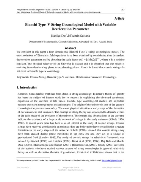 Pdf V String Cosmological Model With Variable Deceleration Parameter Bianchi Type V String