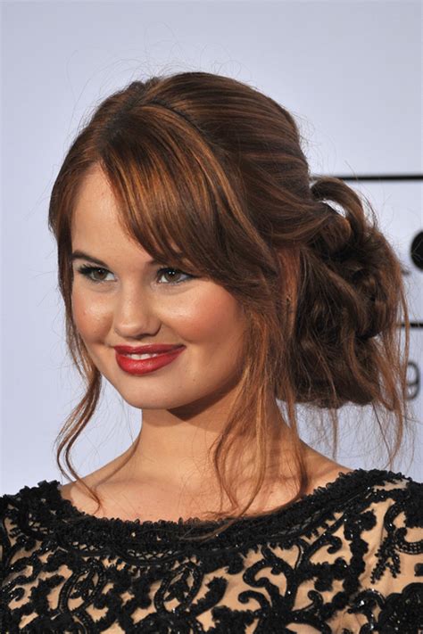 Debby Ryan Wavy Auburn Bun Messy Bun Sideswept Bangs Hairstyle