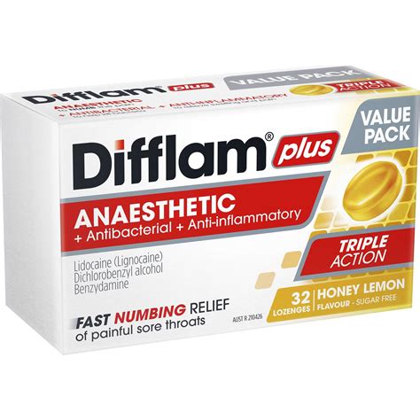 Difflam Plus Anaesthetic Sore Throat Lozenges Honey And Lemon 32 Pack