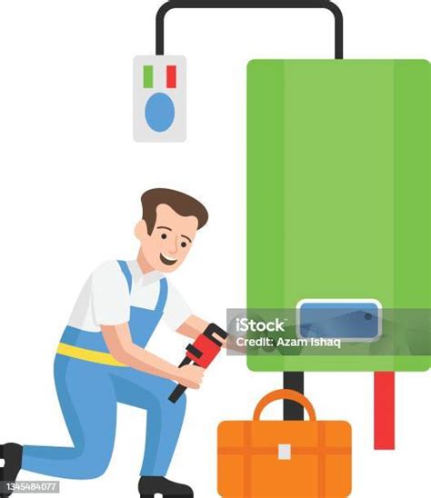 온수기 또는 콤비 보일러 수리 개념 렌치를 들고 있는 남자 및 고정 탱크리스 히터 벡터 아이콘 디자인 배관공 장비 기호 핸디맨 작업 표지판 위생 기술자 스톡 일러스트 설치에