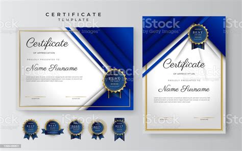 고급 배지와 현대적인 라인 패턴이있는 업적 국경 템플릿의 파란색과 금색 인증서 수상 비즈니스 및 교육 요구 사항 감탄에 대한 스톡 벡터 아트 및 기타 이미지 Istock