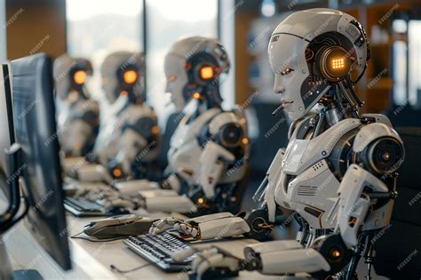 Robot Working At Computer Among People Maschine Typing On Keyboard In Office Premium Ai