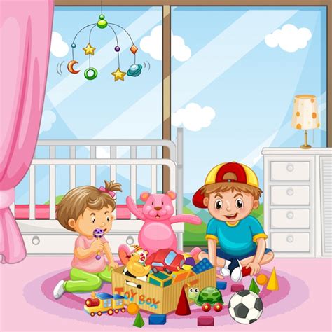 Hermano Y Hermana Jugando Juguetes Vector Premium