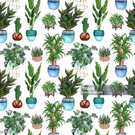 다른 집 식물의 수채화 원활한 패턴 손으로 꽃 냄비에 실내 녹색 식물을 그린 직물 직물 스크랩 북 또는 포장지 디자인에 완벽한 장식 용 녹지 배경 0명에 대한 스톡 벡터