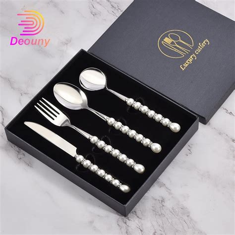 Deouny 럭셔리 진주 식기 나이프 포크 디저트 스푼 304 스테인레스 스틸 웨딩 다이아몬드 상감 스테이크 수저 선물 1 개