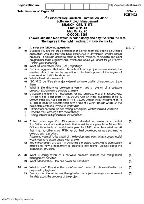 Btech Cse It Ite 7 Sem Software Project Management Pcit4402 2018