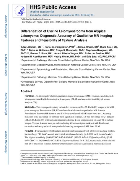 Pdf Differentiation Of Uterine Leiomyosarcoma From Atypical Leiomyoma Diagnostic Accuracy Of