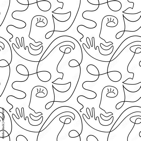 One Line Drawing Abstract Face Seamless Pattern Modern Minimalism Art Aesthetic Contour