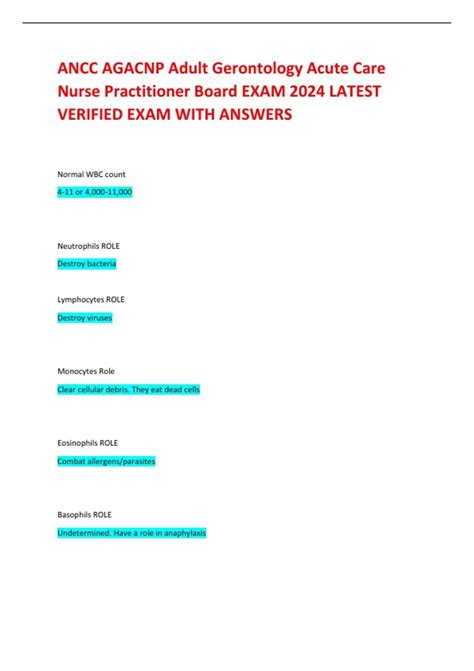 Ancc Agacnp Adult Gerontology Acute Care Nurse Practitioner Board Exam 2024 Latest Verified Exam