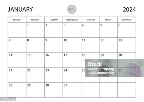 2024년 1월 플래너 템플릿 2024년 달력 템플릿 월간 및 연간 플래너 주최자 일기 주 시작 일요일 기업 플래너 템플릿 책상 달력 2024년 벡터 일러스트레이션 1월에