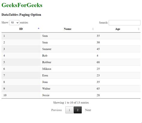 Datatables Paging Option Geeksforgeeks