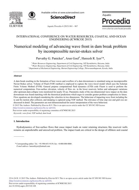 Pdf Numerical Modeling Of Advancing Wave Front In Dam Break Problem By Incompressible Navier