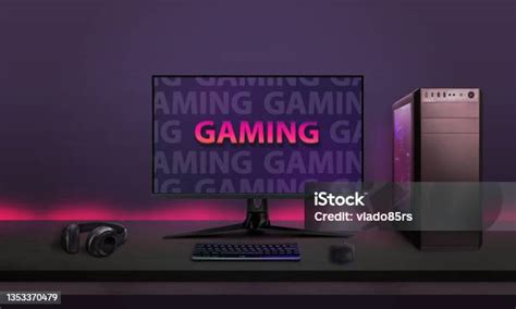 책상 위에 는 최신 데스크톱 게임 셋업이 배경에 Led 조명이 있습니다 컴퓨터 디스플레이에 현대 게임 글꼴 개념 책상에 대한 스톡 사진 및 기타 이미지 Istock