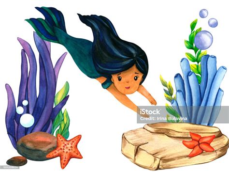 수채화 귀여운 인어 돌 불가사리 파란색 보라색 해초 삽화 수중 잔디와 바위 컬렉션 아이들을 위한 흰색 배경에 자연 풍경 요소 인쇄 0명에 대한 스톡 벡터 아트 및 기타