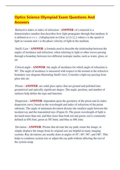 Optics Science Olympiad Exam Questions And Answers Optics Science
