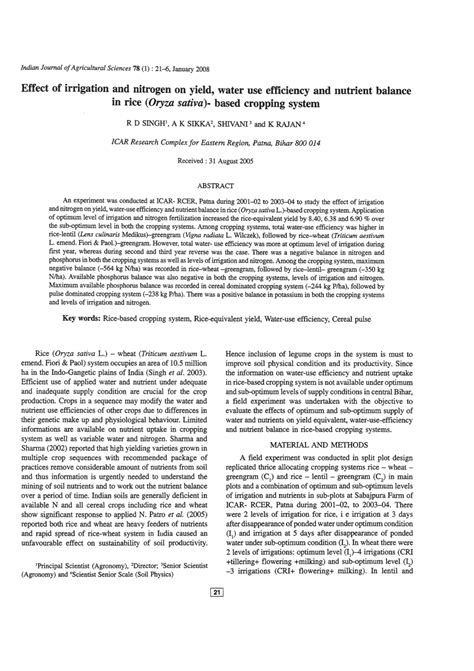 Pdf Effect Of Irrigation And Nitrogen On Yield Water Use Efficiency And Nutrient Balance In