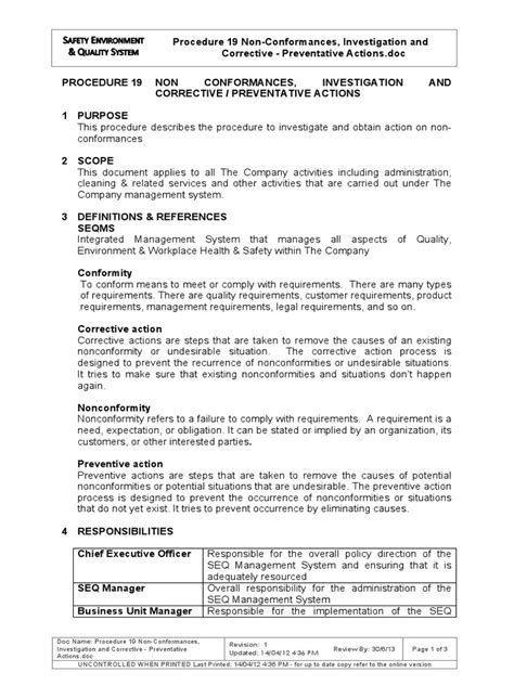 Procedure 19 Non Conformances Investigation And Corrective Preventative Actions Pdf