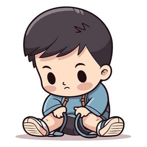 앉아서 울고 있는 귀여운 작은 소년 터 만화 캐릭터 일러스트레이션 프리미엄 벡터