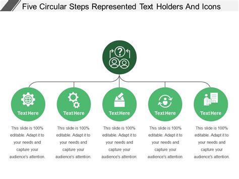 Five Circular Steps Represented Text Holders And Icons PowerPoint Presentation Slides PPT