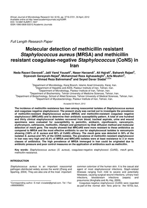 Pdf Molecular Detection Of Methicillin Resistant Staphylococcus Aureus Mrsa And Methicillin