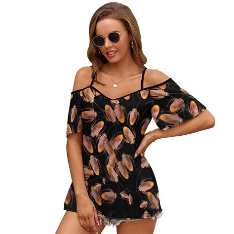 Cockroach Infestation New Fashion Zip Off Shoulder Top Short Sleeve