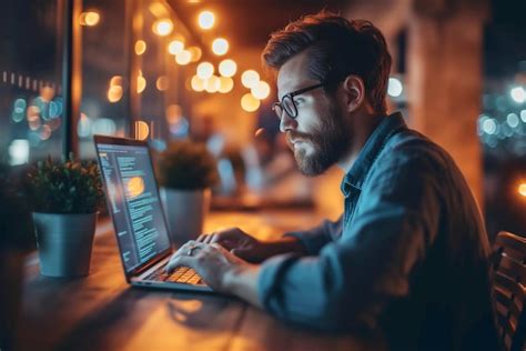 focused man coding on laptop at a cozy evening cafe premium ai