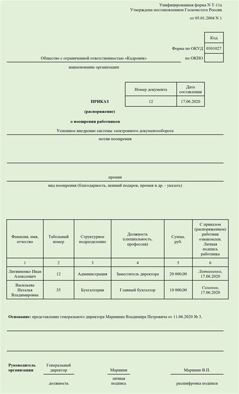 Образец приказа на поощрение работника форма Т 11а